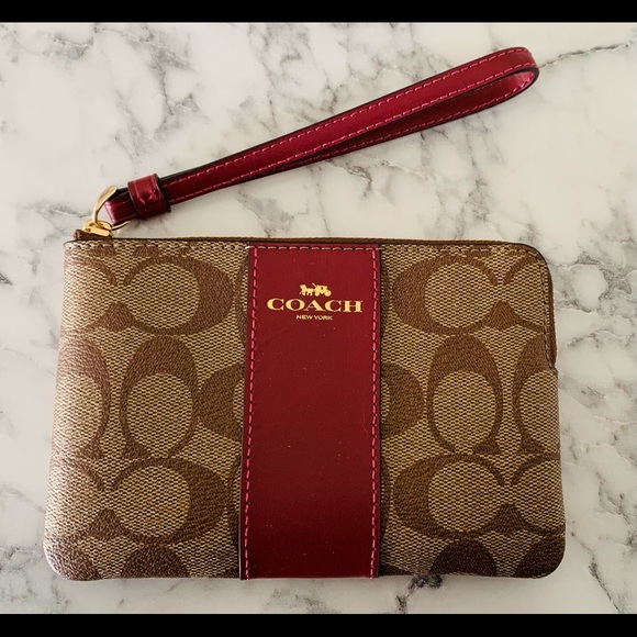 Coach | Bags | Coach Wristlet In Signature Canvas Brown Red | Poshmark